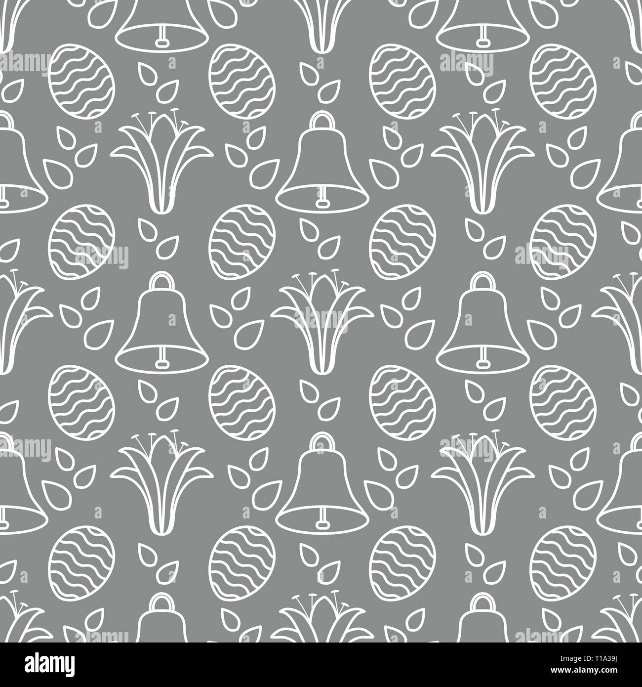 Seamless pattern with bells, lilies, decorated eggs. Happy Easter ...