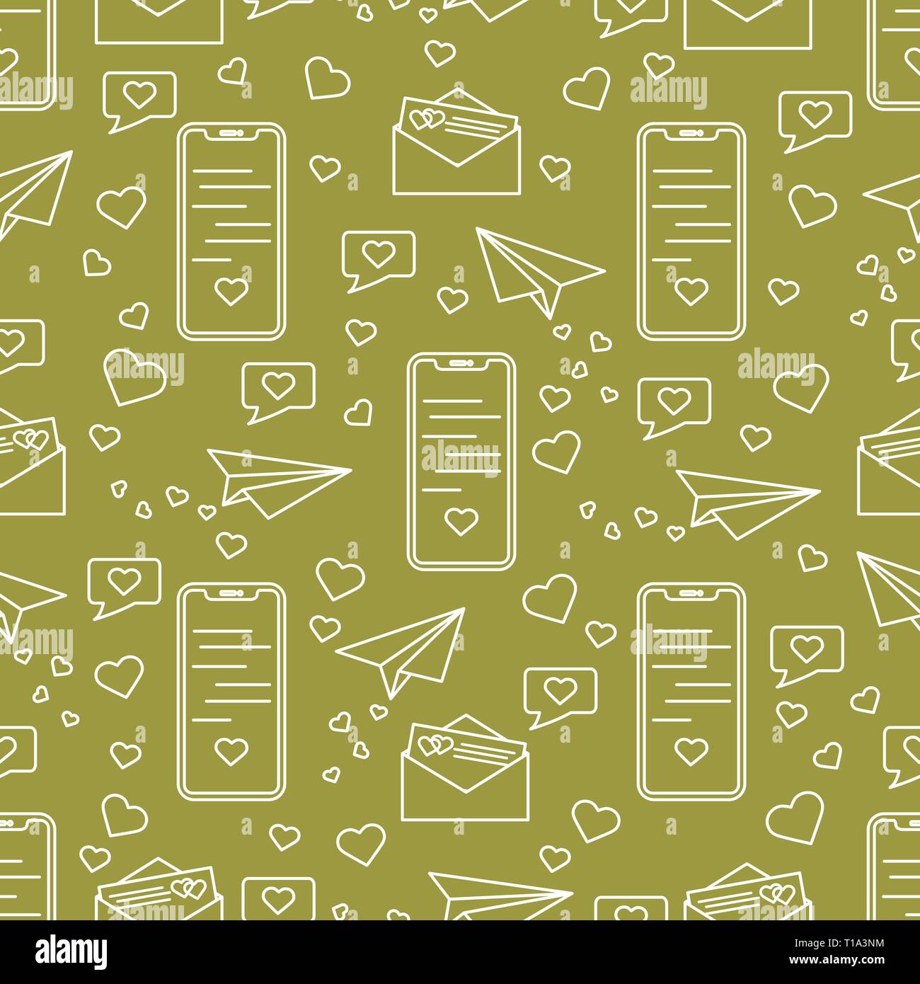 Seamless pattern with paper airplane, envelope, smartphone, sms, hearts ...