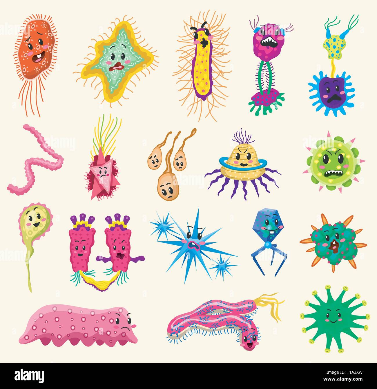 Set of bacteria characters. Cute germ and micro Microbe funny infection ...