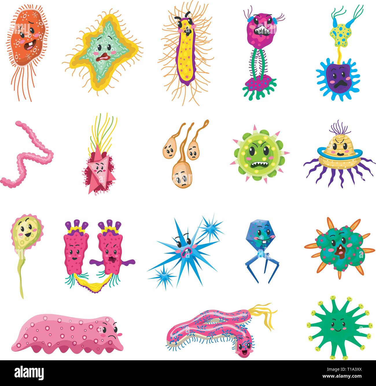 Set of bacteria characters. Cute germ and micro Microbe funny infection ...