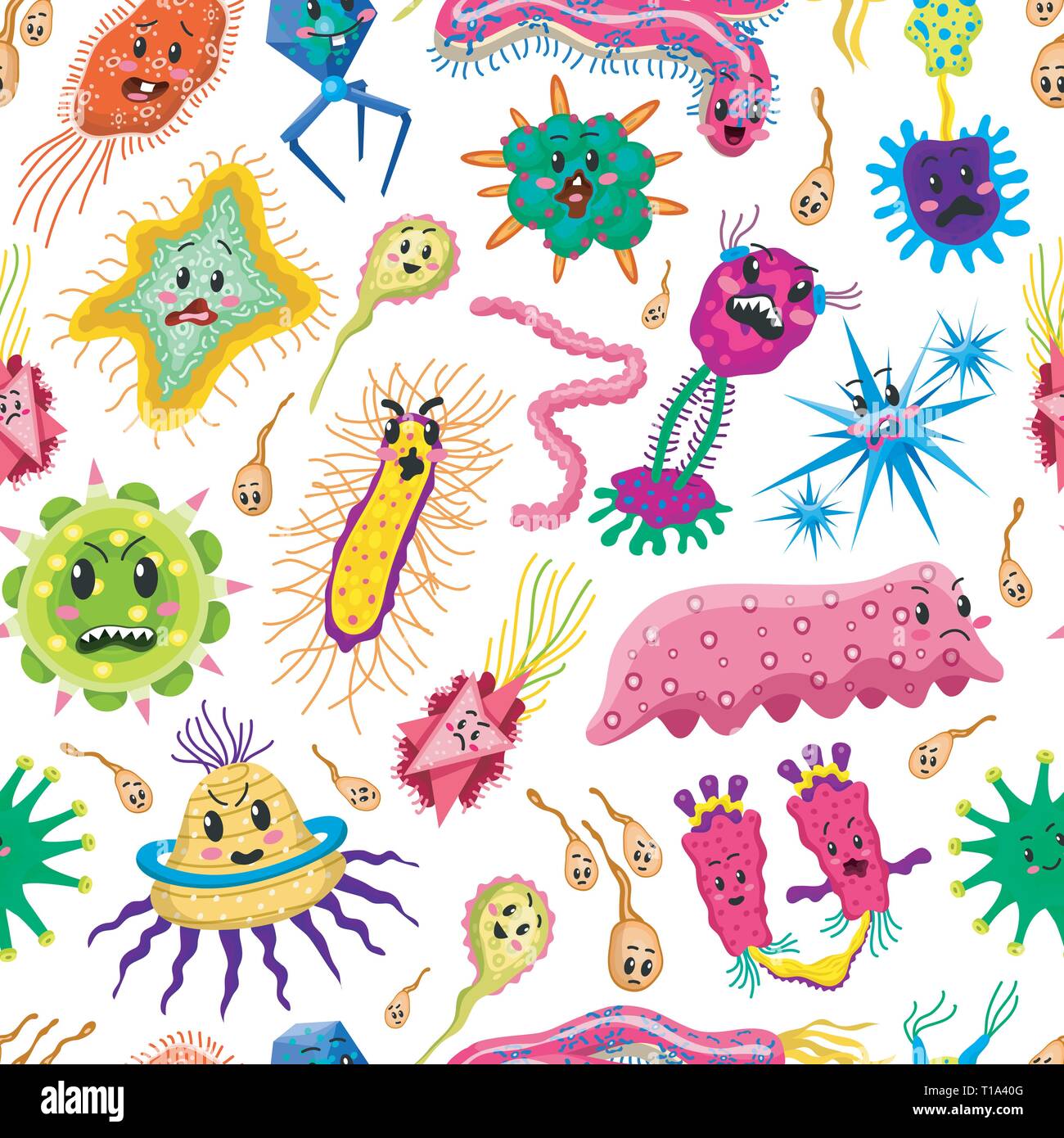 Bacteria characters Seamless pattern. Cartoon Cute germ virus funny ...