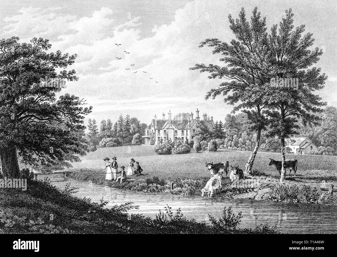 An engraving of Eastington House, Gloucestershire UK scanned at high ...