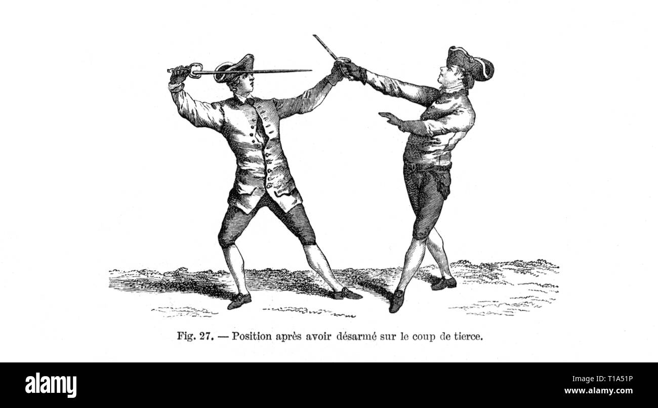 sports, fencing, disarming the opponent, copper engraving, France, 18th ...