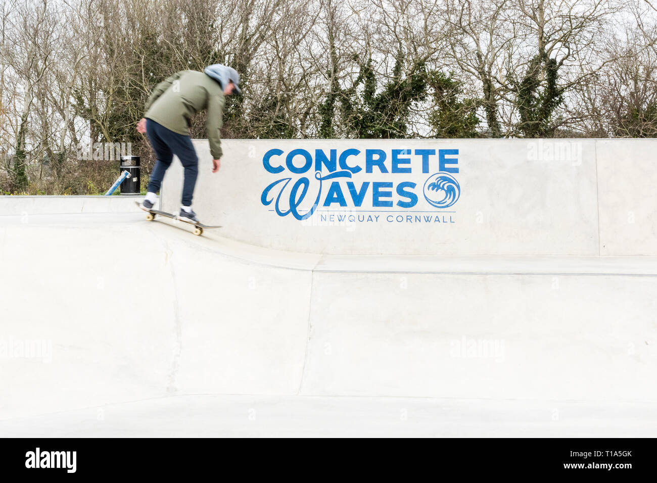 A skateboarder at Concrete Waves Skateboard Park in Newqay in Cornwall ...