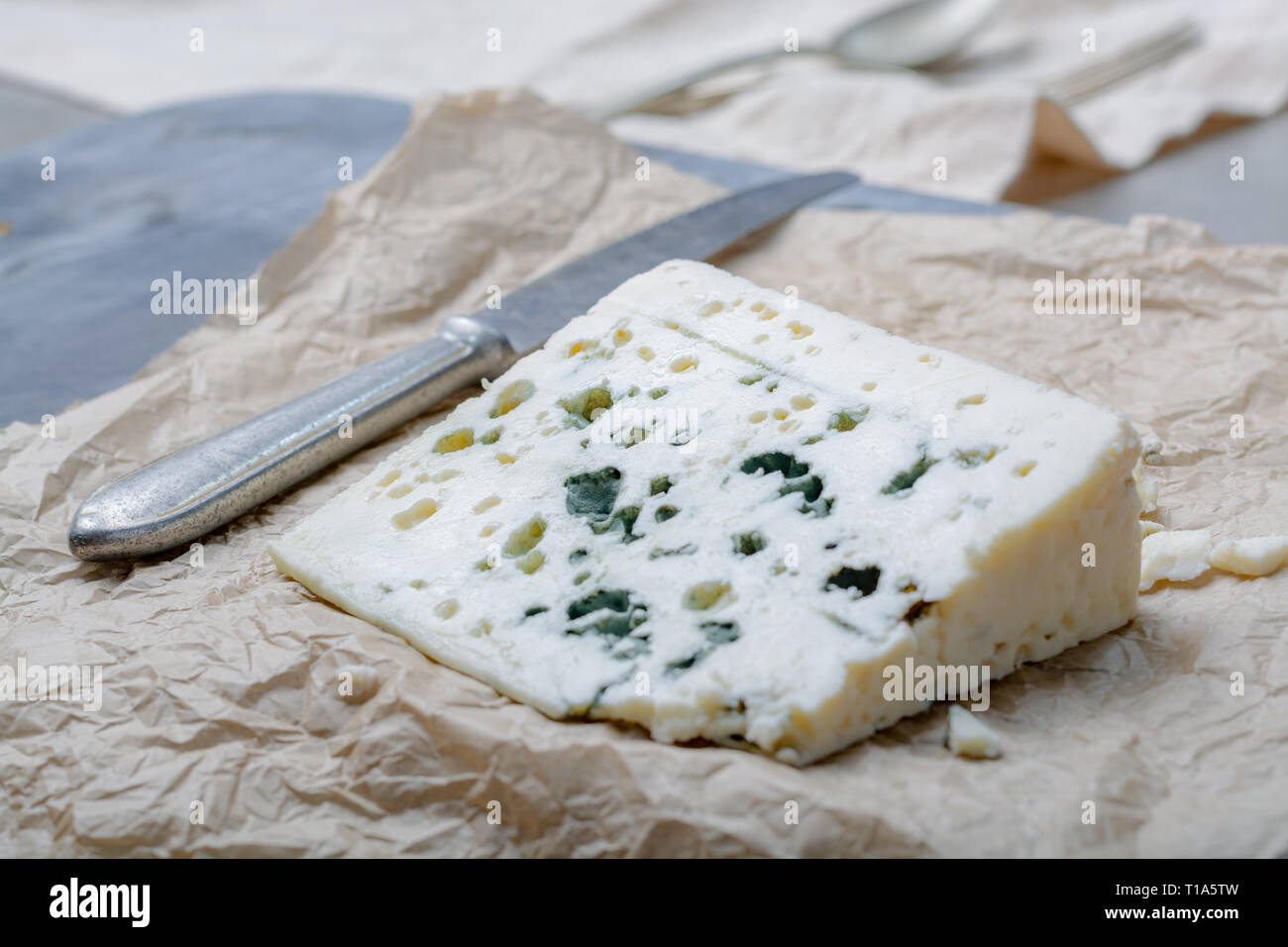 Piece of French blue cheese Roquefort, made from sheep milk in caves of ...