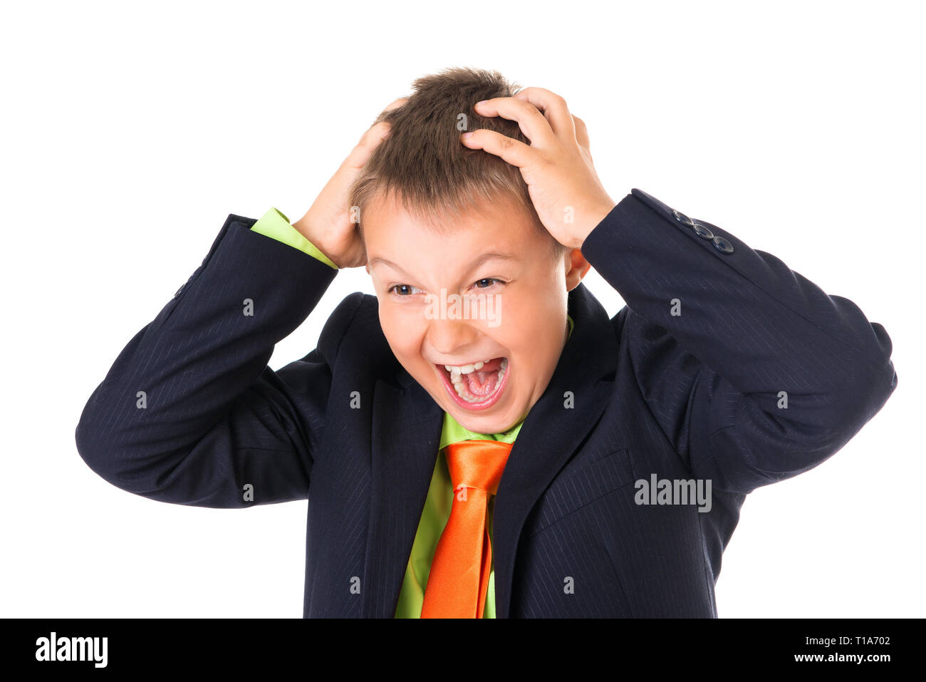 Emotional portrait of panic bewildered intelligent school boy with ...