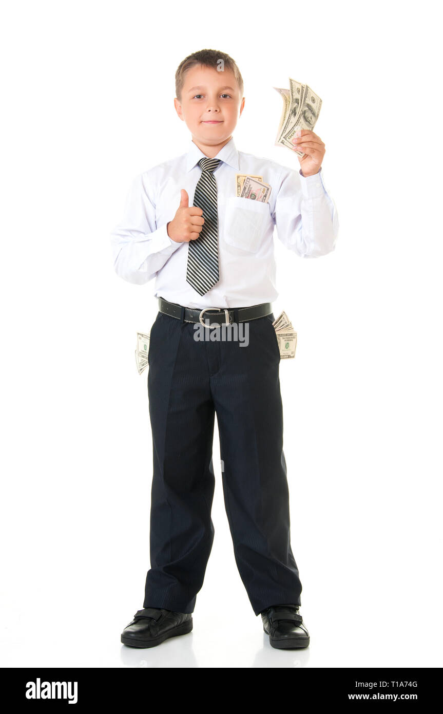 Cheerful male boy student schoolboy teenager holding money isolated on ...