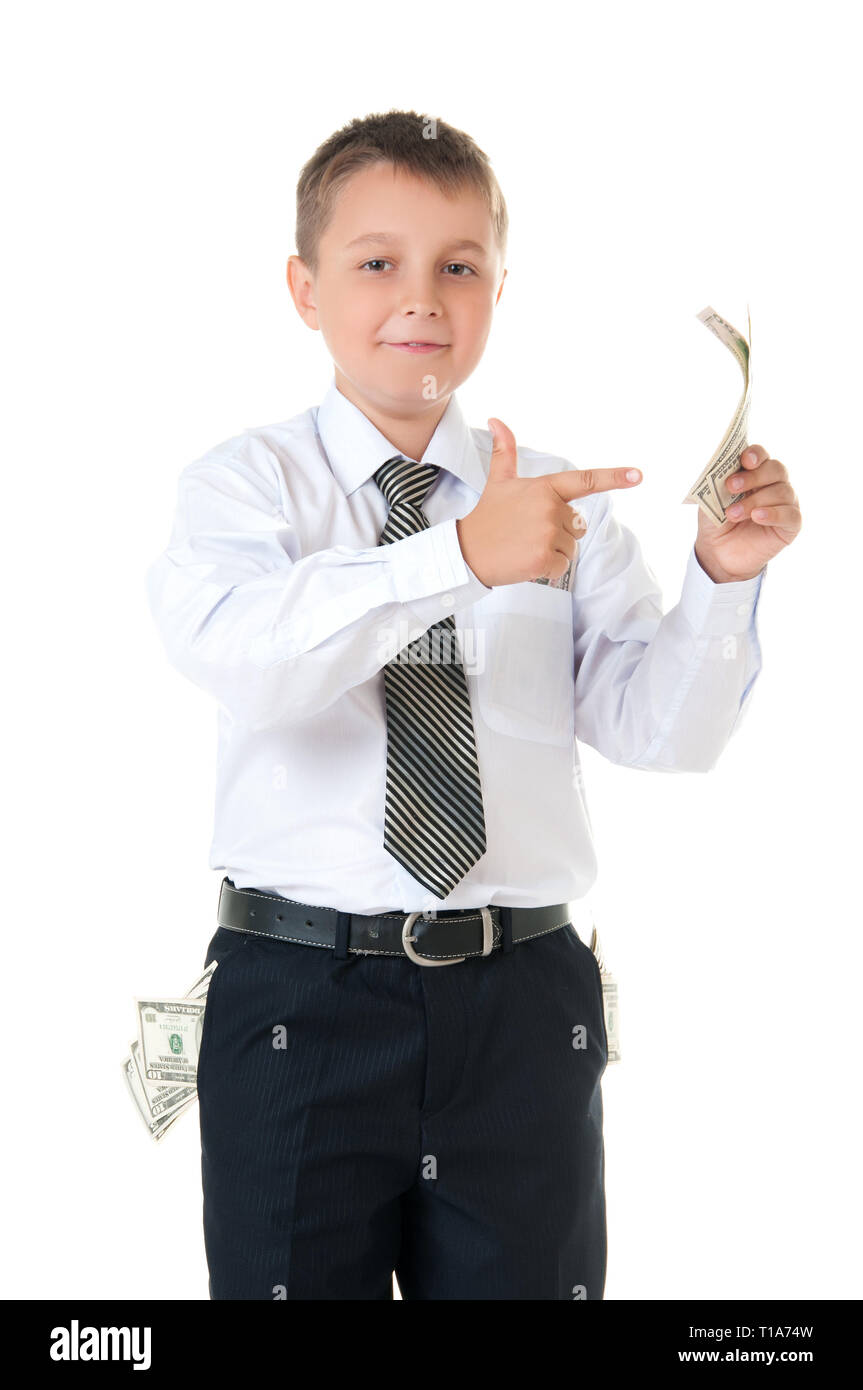 Cheerful male boy student schoolboy teenager holding money isolated on ...