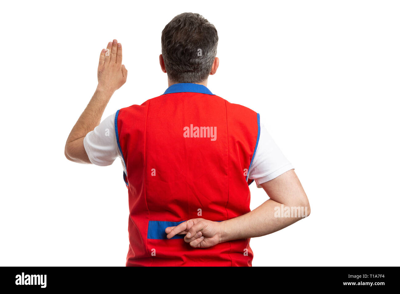 Hypermarket or supermarket worker man making fake oath with crossed ...