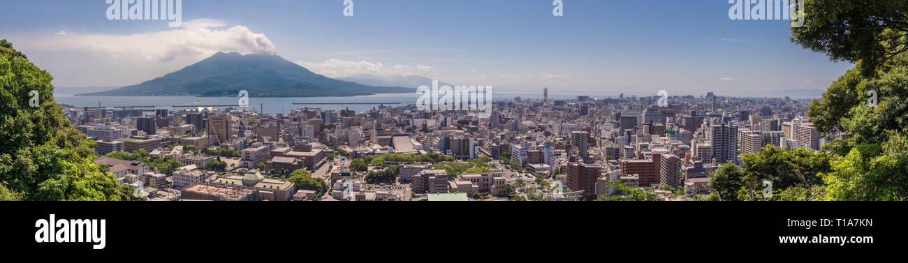 Panorama of Kagoshima City with erupted Vulcan Sakurajima and Kagoshima ...