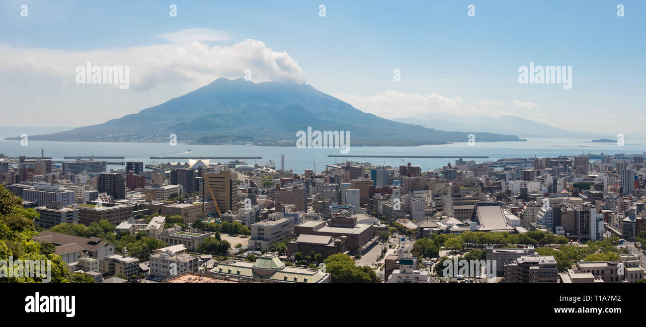 Kagoshima City with Kagoshima Bay and erupted Vulcan Sakurajima on a ...