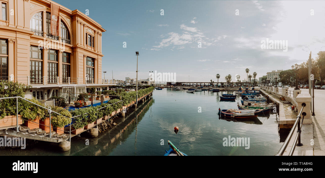 BARI, ITALY NOVEMBER 07 2018: Panorama of 5 shots. Sea view of Theater ...