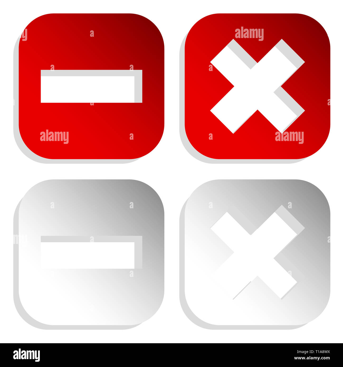 Set of buttons with cross and minus signs. Delete, remove, close, exit ...