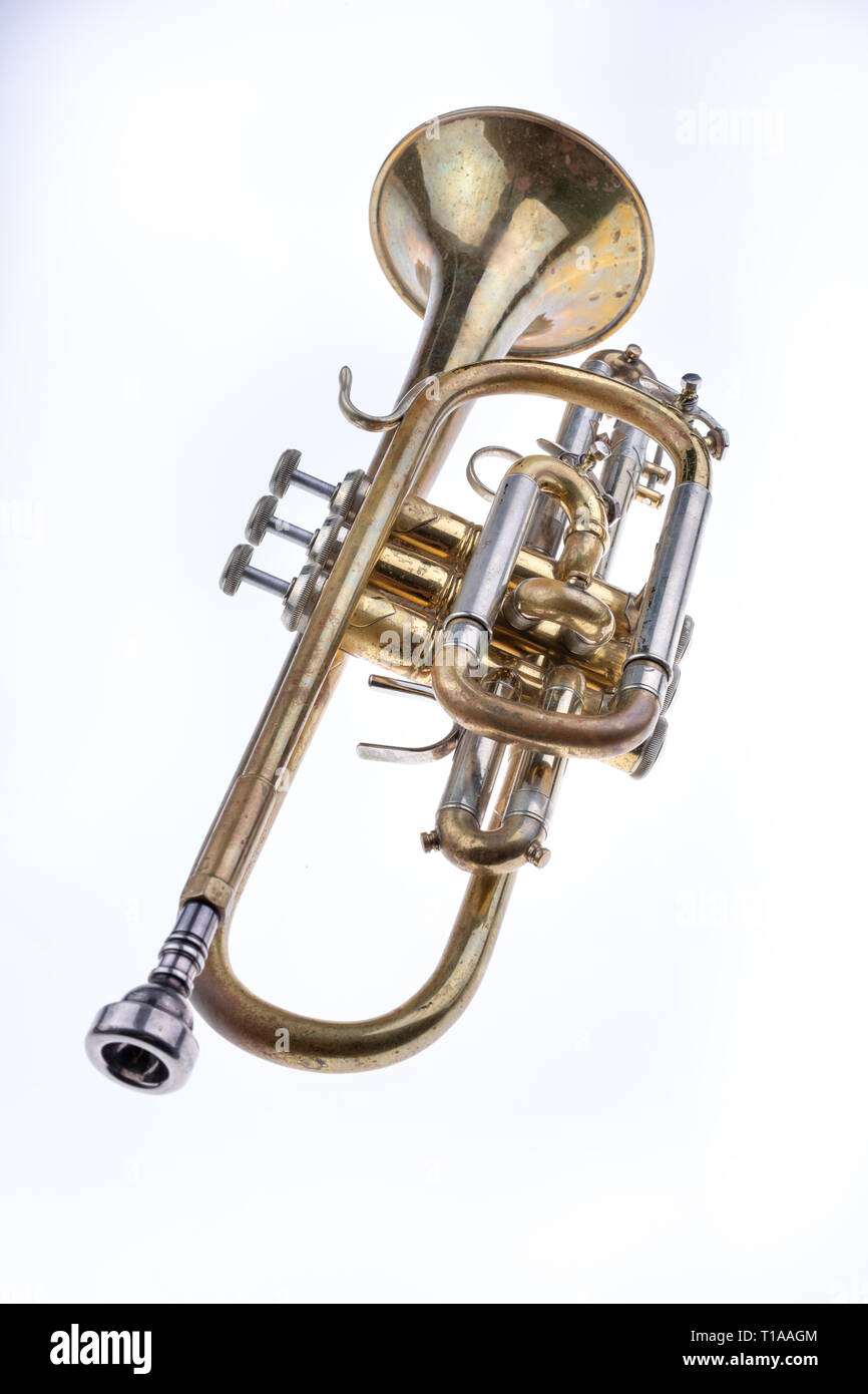 An old trumpet covered with patina. Musical wind instrument. Light ...