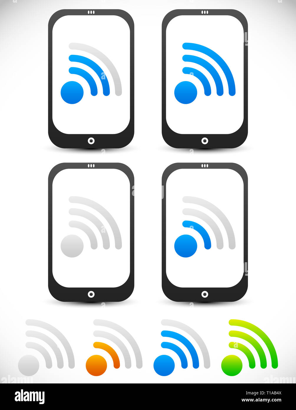 Smartphones with signal strength indicators. Connectivity, wireless ...