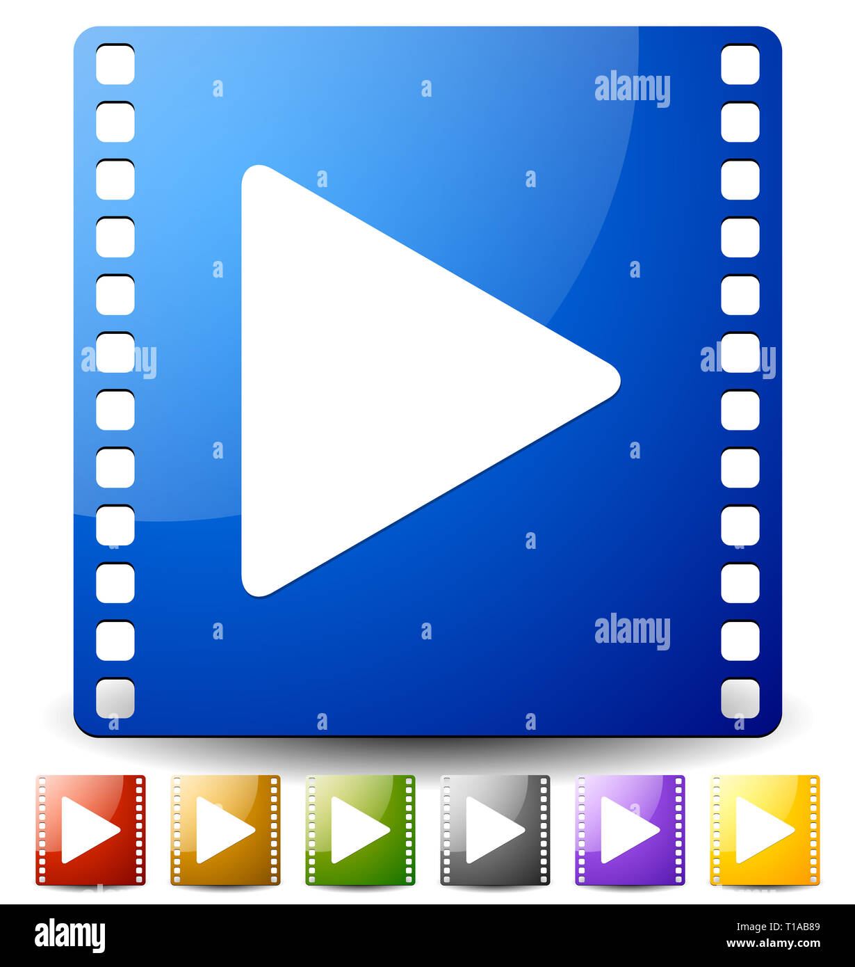 Vector illustration of a play button on film strip in several colors ...