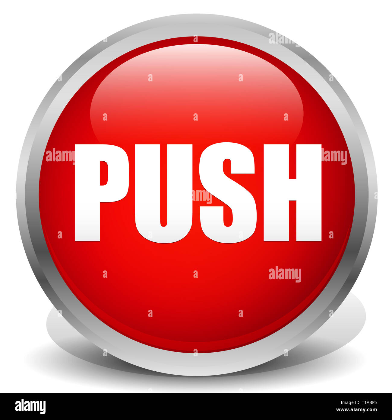 Button with word "PUSH" with thick metallic frame (Red push button ...