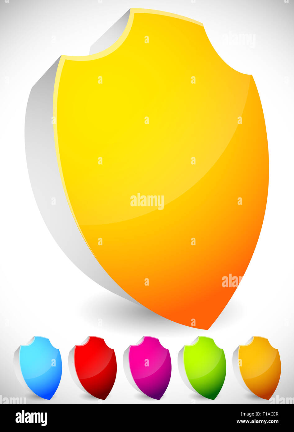 Glossy, blank 3D shield shapes. Several colors included. (Yellow, blue ...