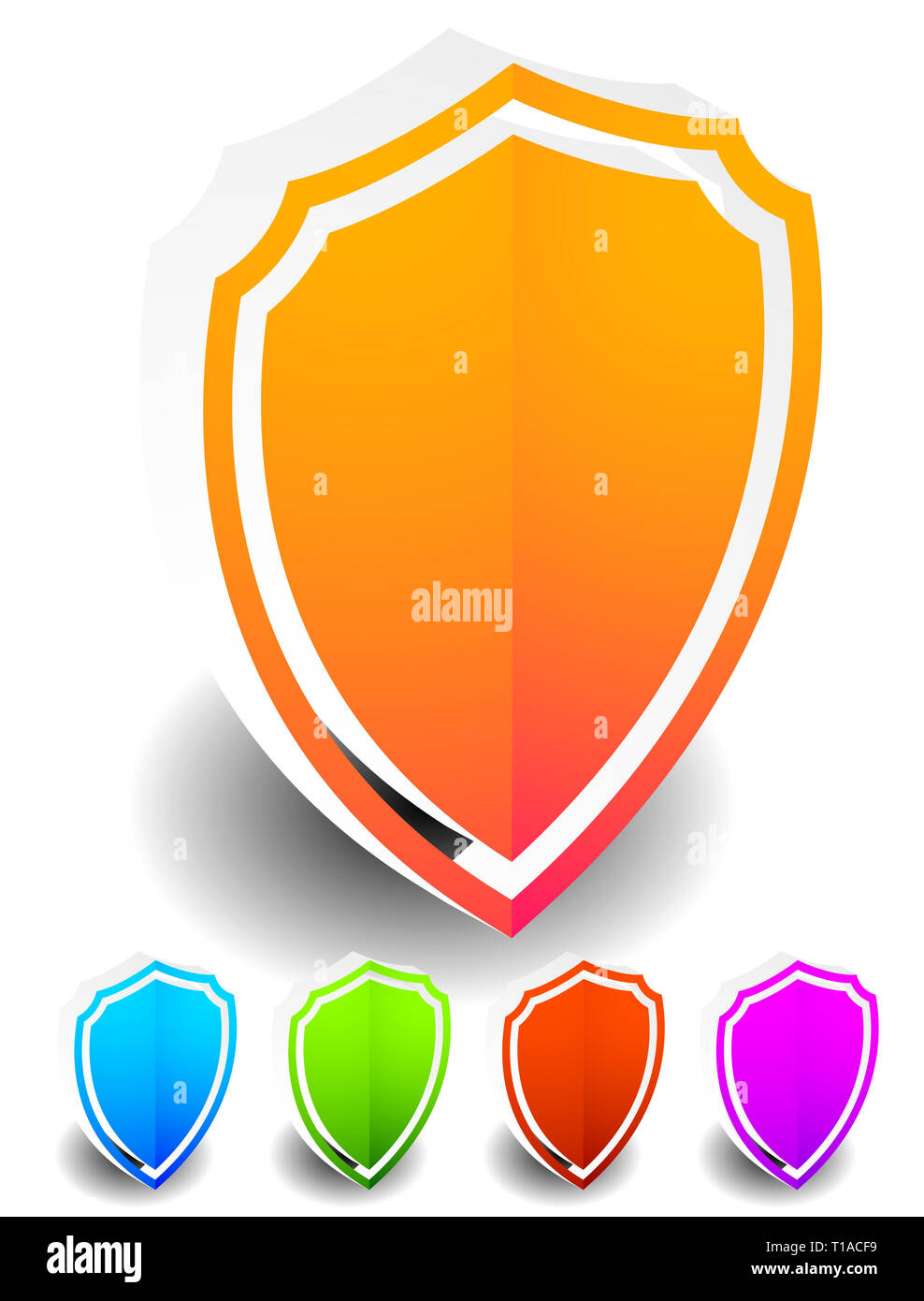 3D Bright, colorful shield shapes in 5 colors isolated on white with ...