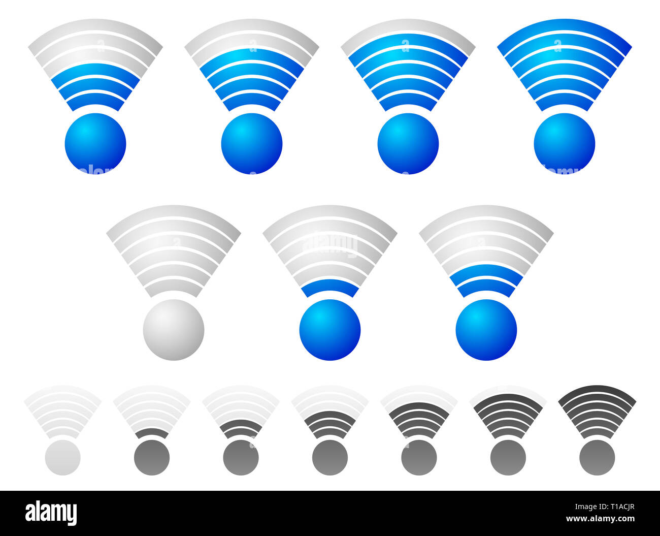 Bright blue wireless signal strength indicator set with grayscale ...