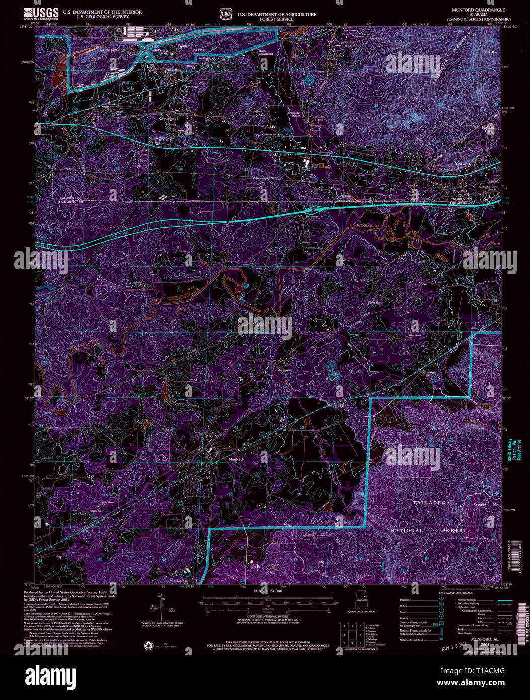 USGS TOPO Map Alabama AL Munford 304641 2001 24000 Inverted Stock Photo ...