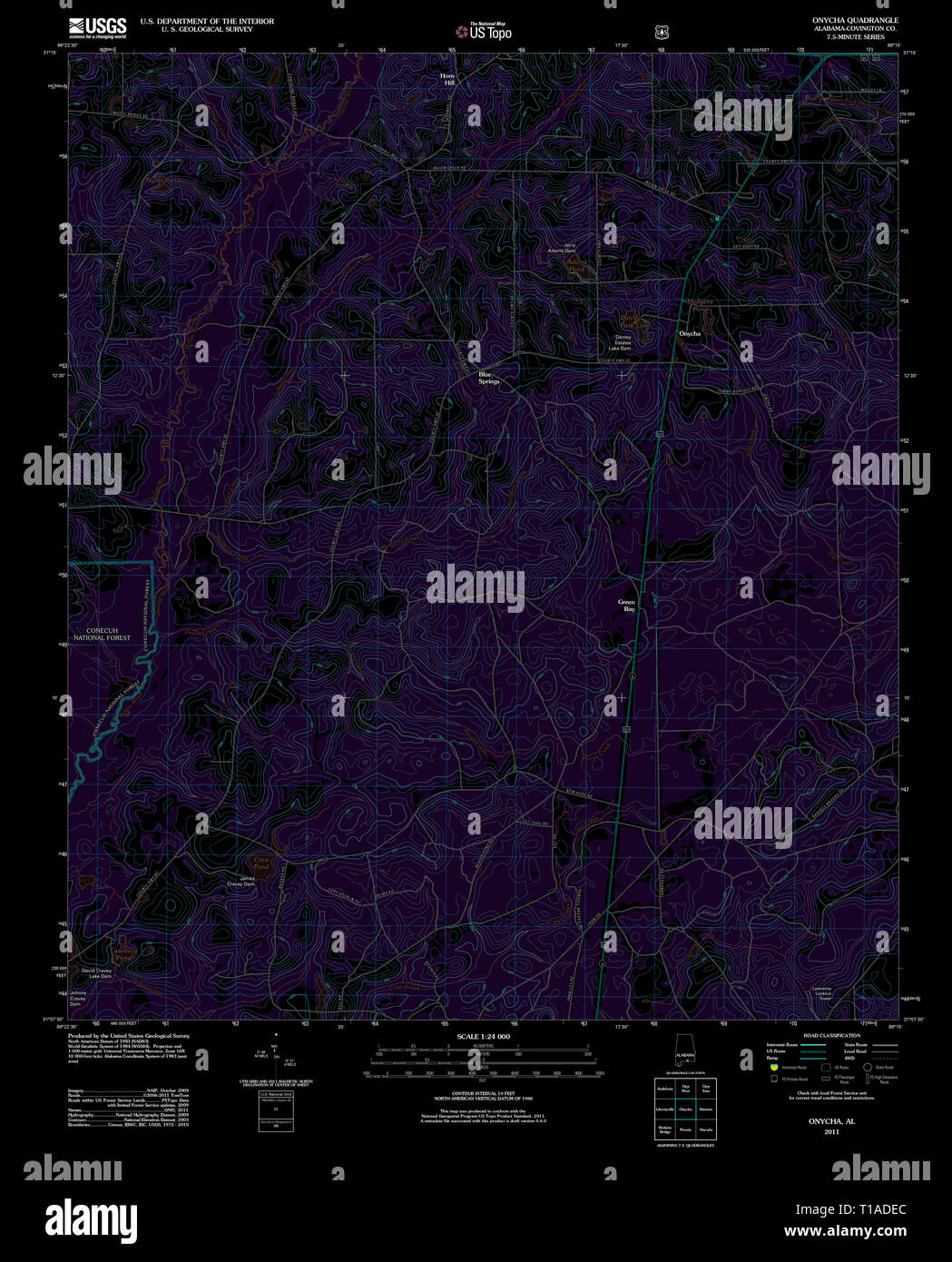 USGS TOPO Map Alabama AL Onycha 20110915 TM Inverted Stock Photo - Alamy