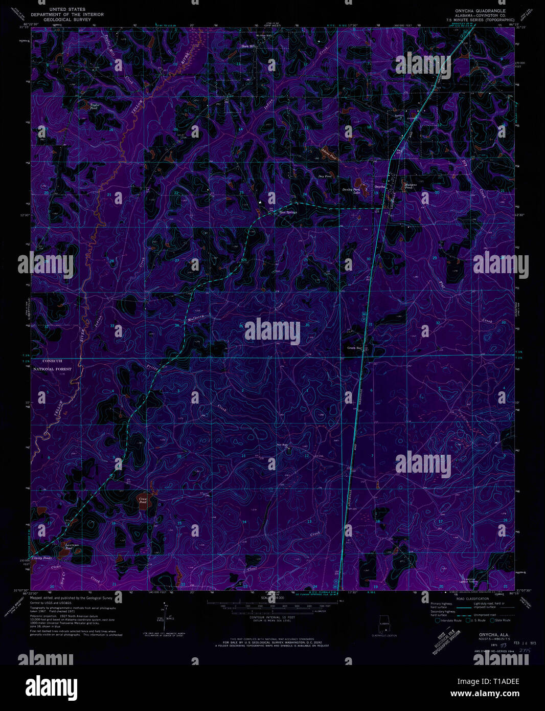 USGS TOPO Map Alabama AL Onycha 304742 1971 24000 Inverted Stock Photo ...