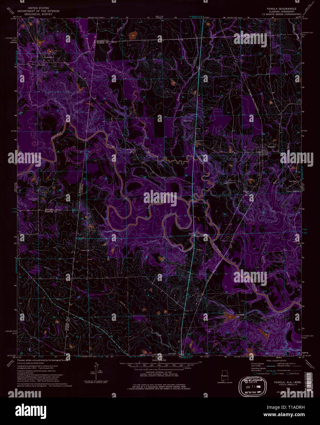 USGS TOPO Map Alabama AL Panola 304785 1973 24000 Inverted Stock Photo ...