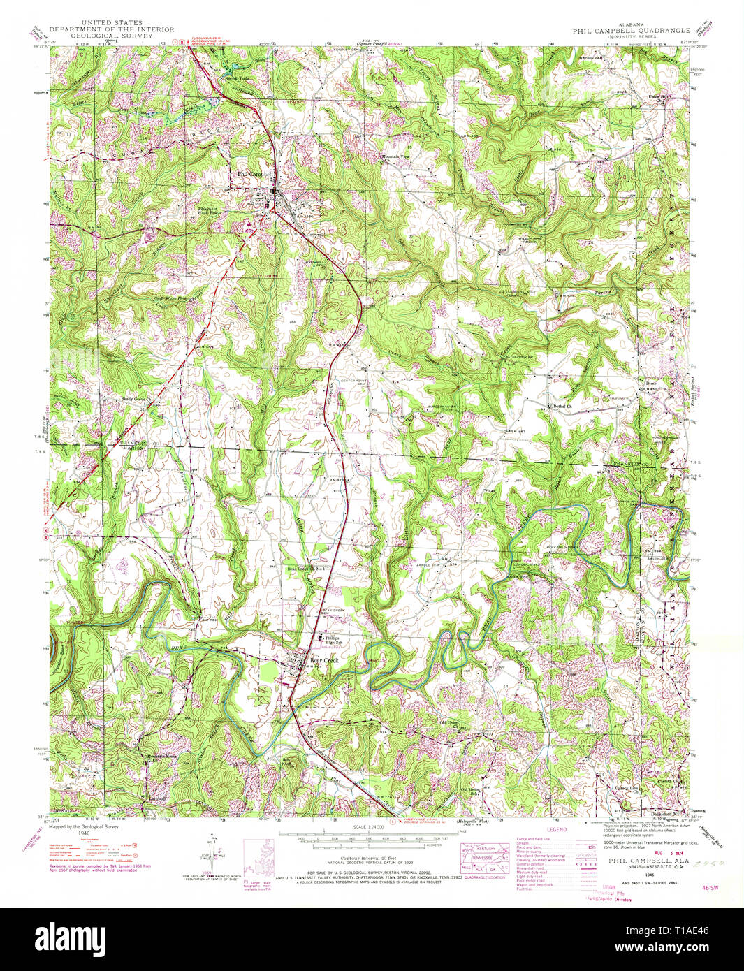 USGS TOPO Map Alabama AL Phil Campbell 304818 1946 24000 Stock Photo ...