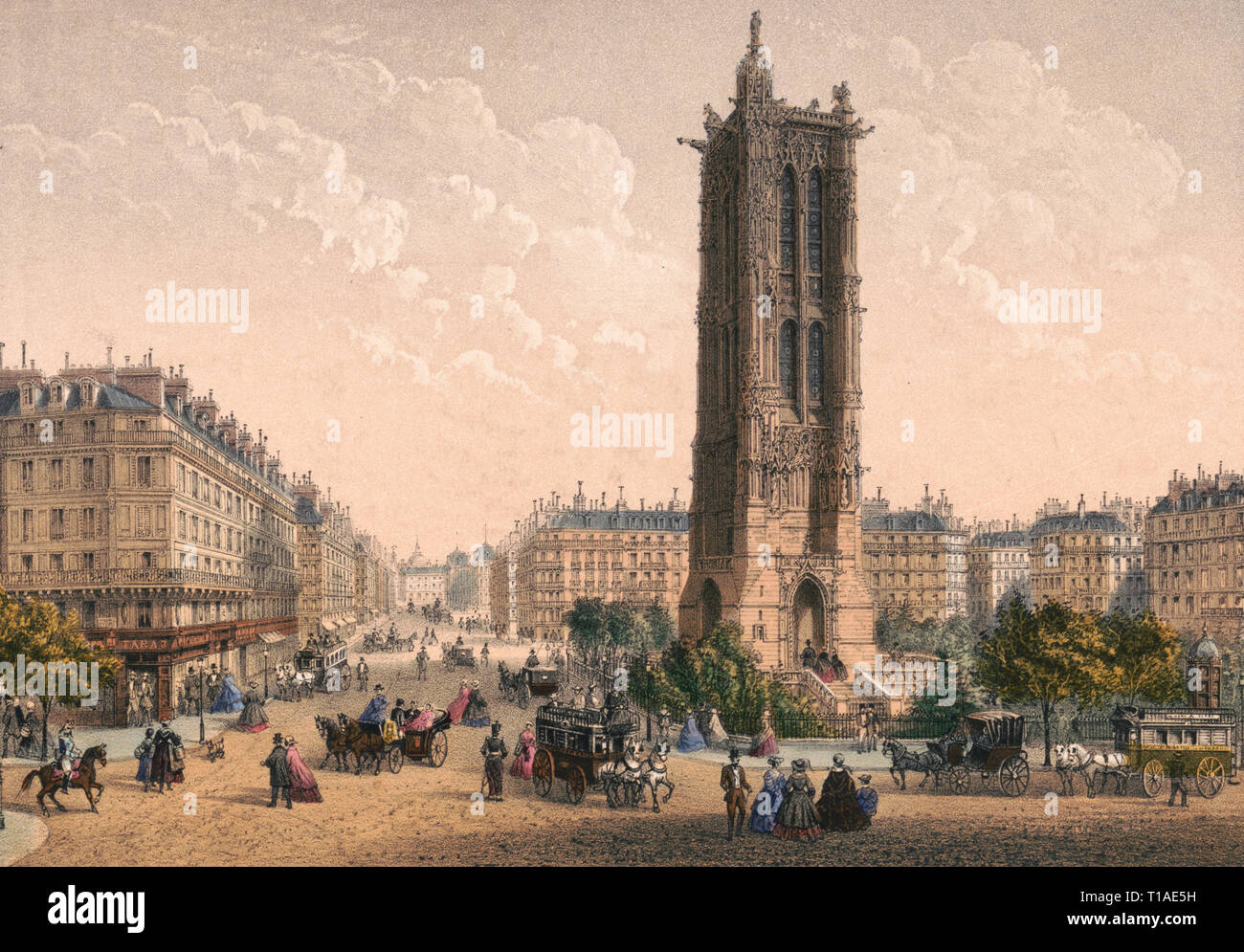 Paris. Tour St. Jacques - Print shows a street level view of Tour Saint ...