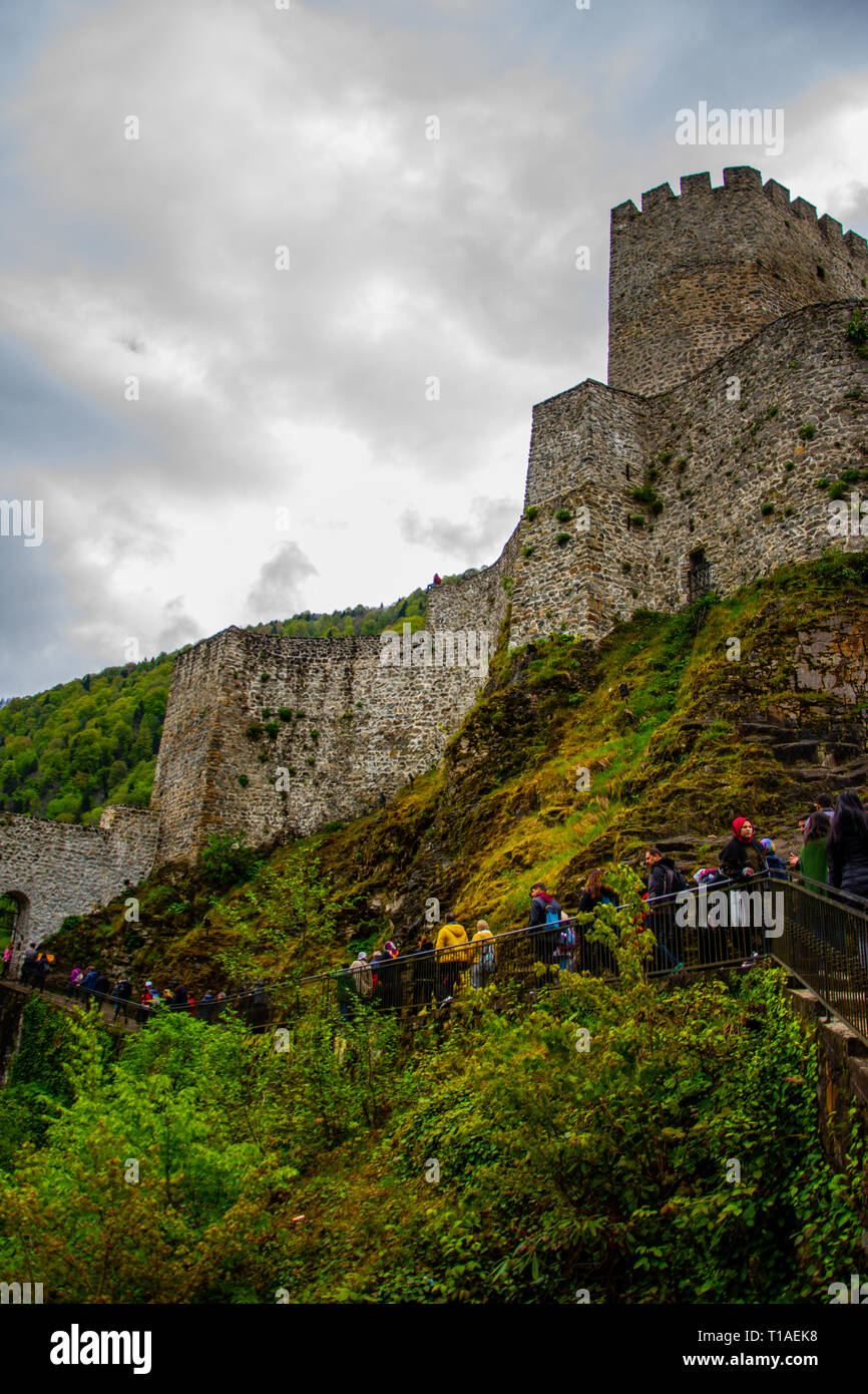 Tourists walking on the Zil castle pathway to visit it, Rize, Turkey ...
