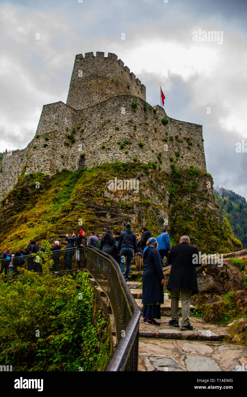 Tourists walking on the Zil castle pathway to visit it, Rize, Turkey ...