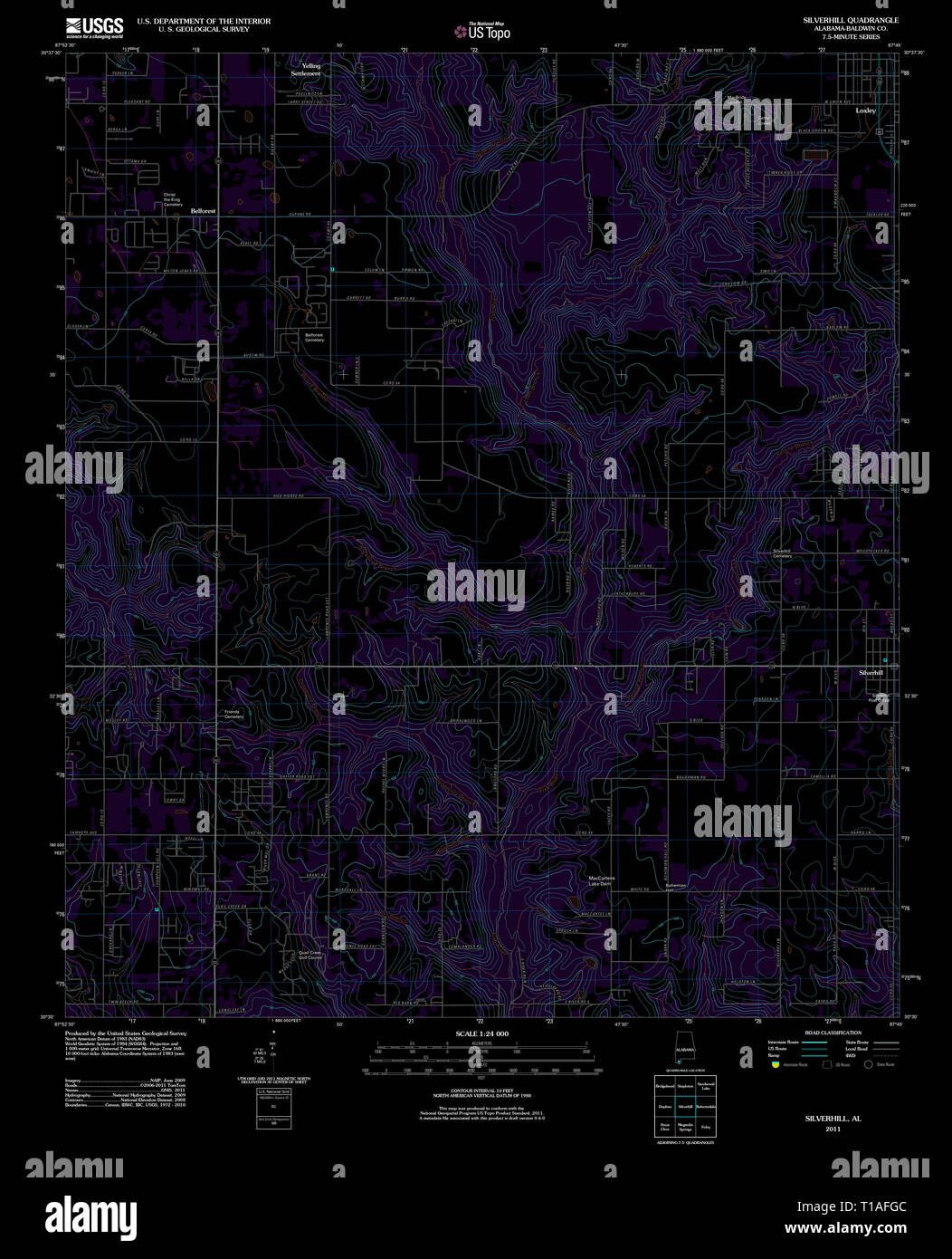 USGS TOPO Map Alabama AL Silverhill 20110921 TM Inverted Stock Photo ...