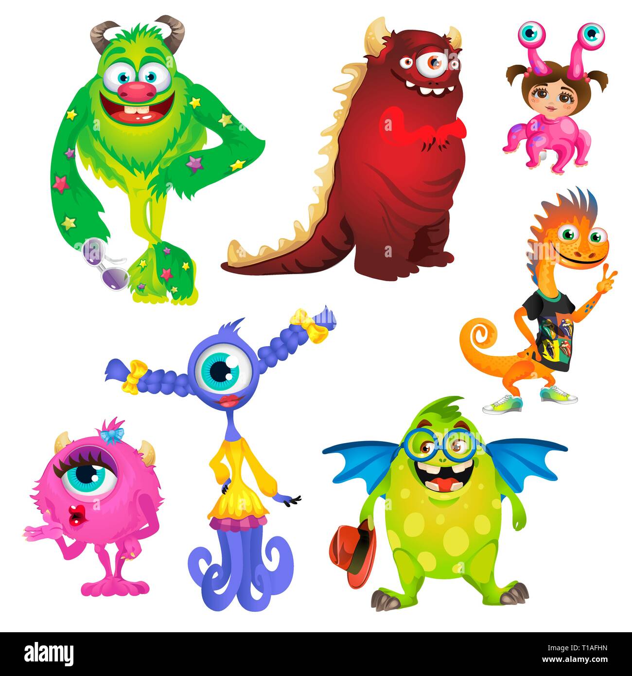 Set of cute kind smiling animated monsters isolated on white background ...