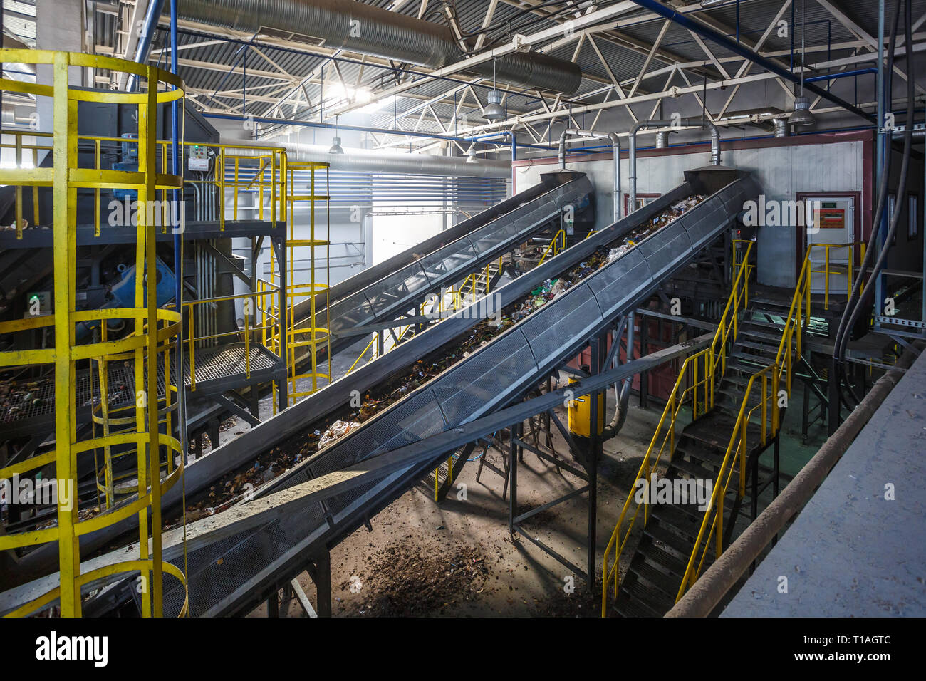 moving conveyor transporter on Modern waste recycling processing plant ...