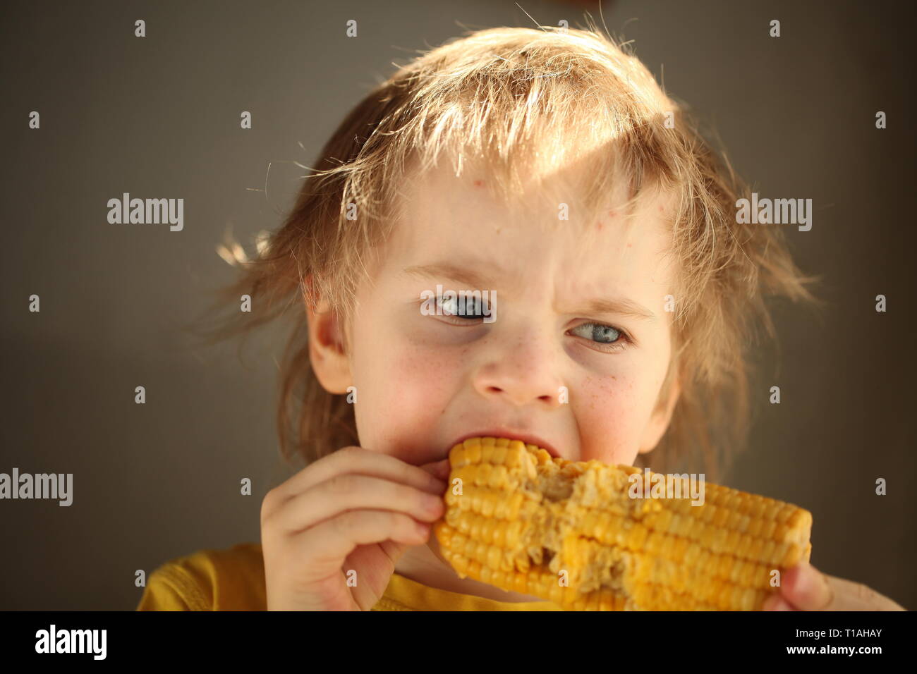 Boy eating sweet corn Stock Photo - Alamy
