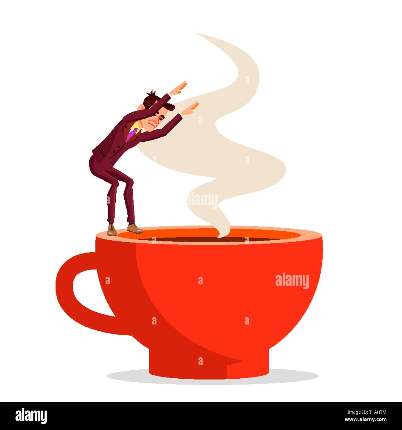 Businessman Stands On Edge Of Cup Of Coffee Ready To Jump Into It ...