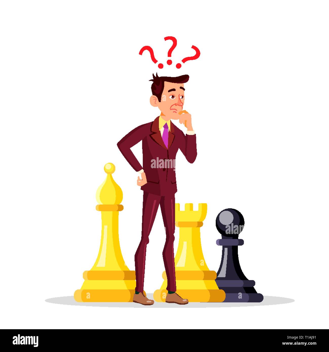 Manager Standing Among Large Chess Pieces With Question Mark Above His ...