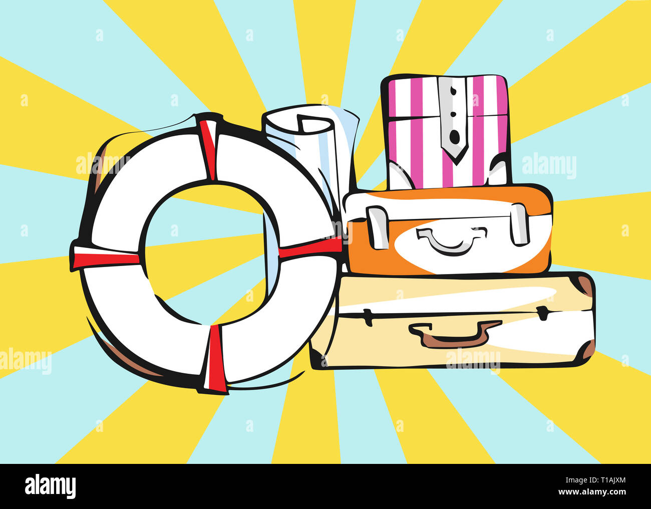 Travel baggage on rays background in retro cartoon style Stock Photo ...