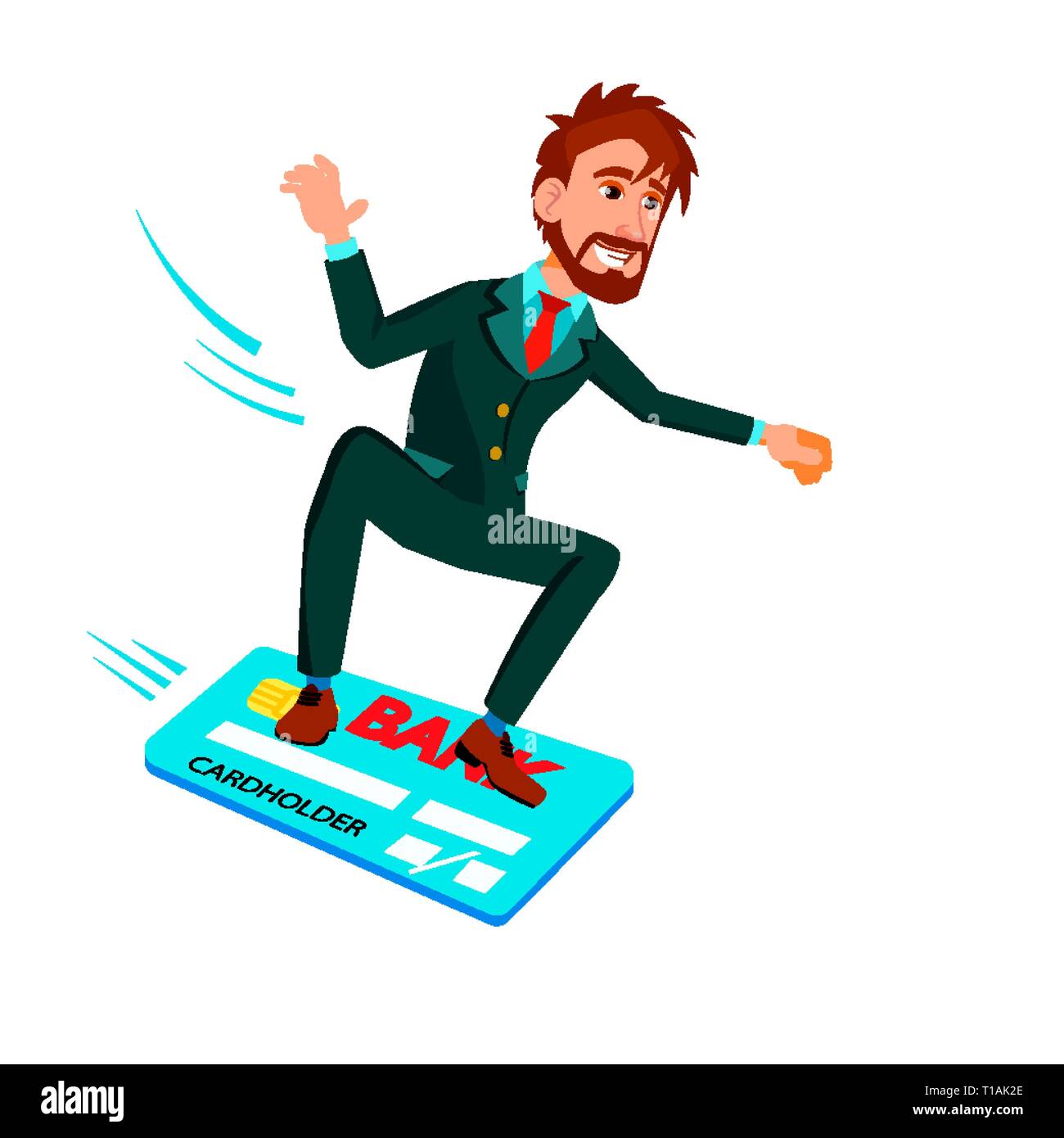 Businessman Sliding On Credit Card Like On Snowboard Vector Flat ...