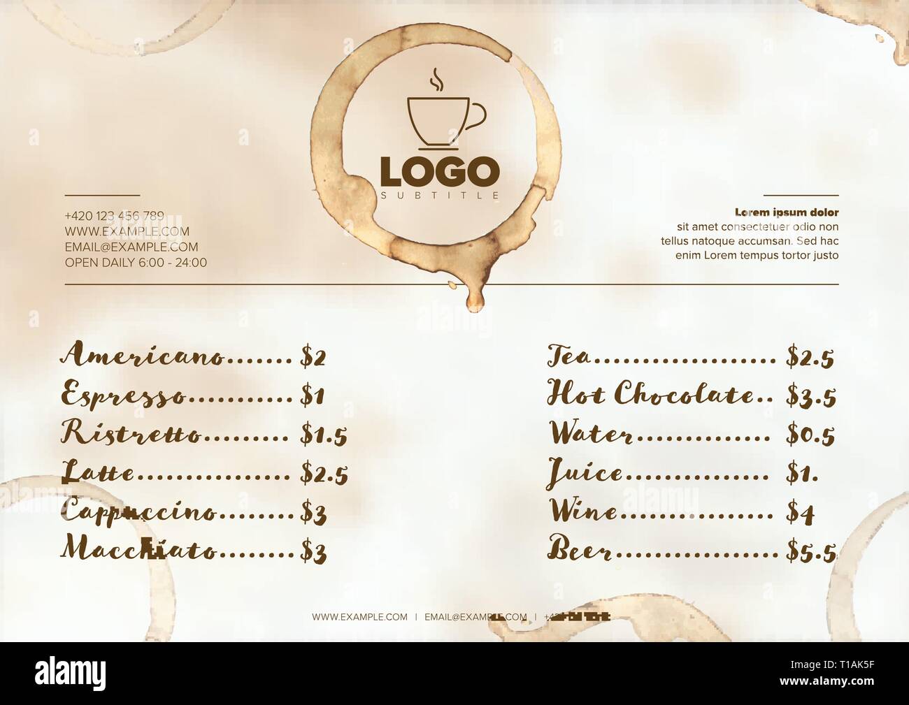 Modern light brown grunge coffee restaurant menu template with two ...