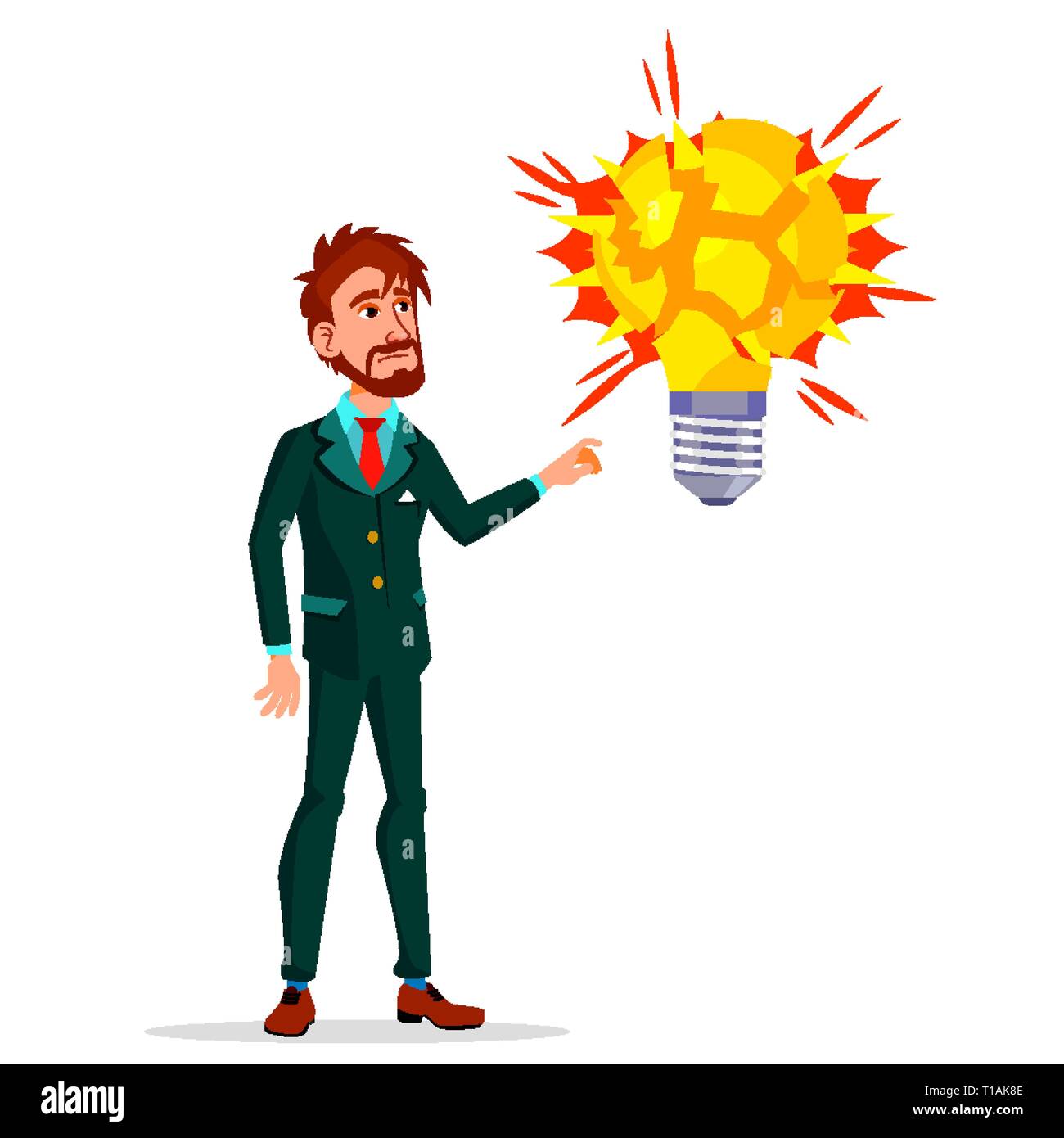 Frightened Sad Manager Near A Big Exploding Yellow Light Bulb Vector ...