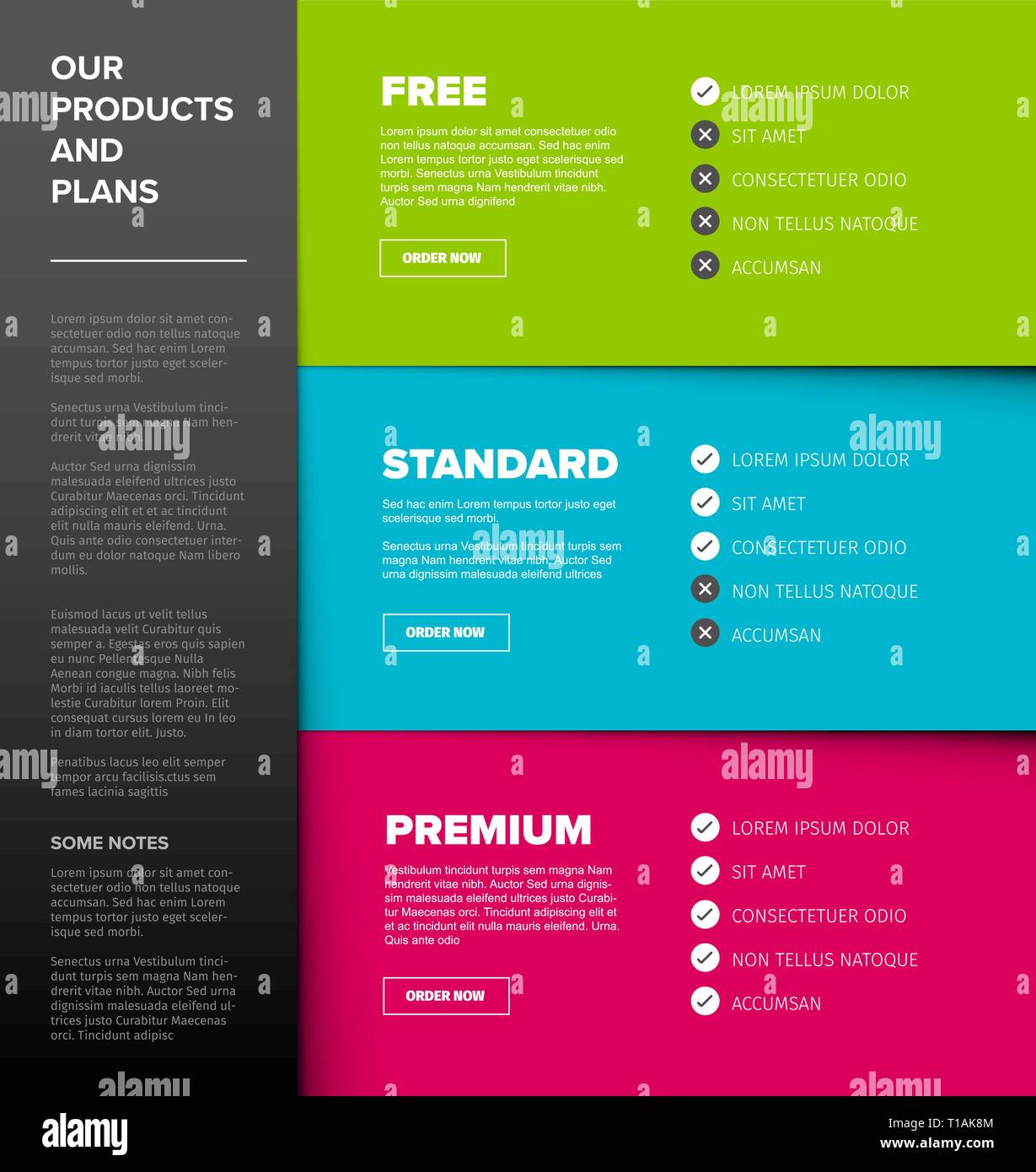 Product / service price comparison cards with description and icons ...