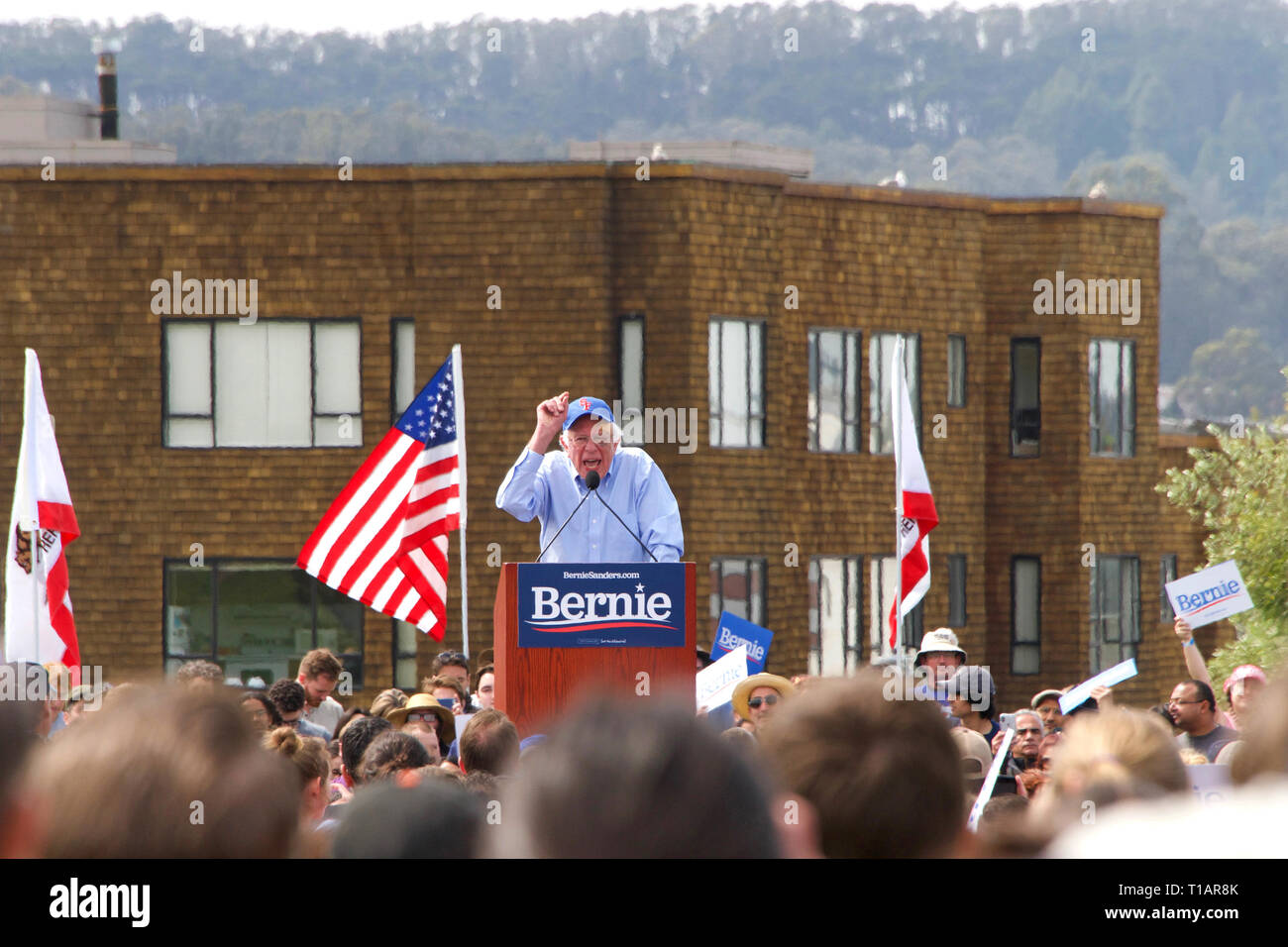 San Francisco, CA - March 24, 2019: Bernie Sanders speaking to a crowd ...