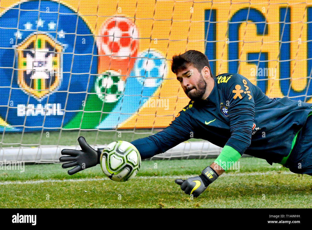 Brazilian football player ALISSON in action during the training session ...