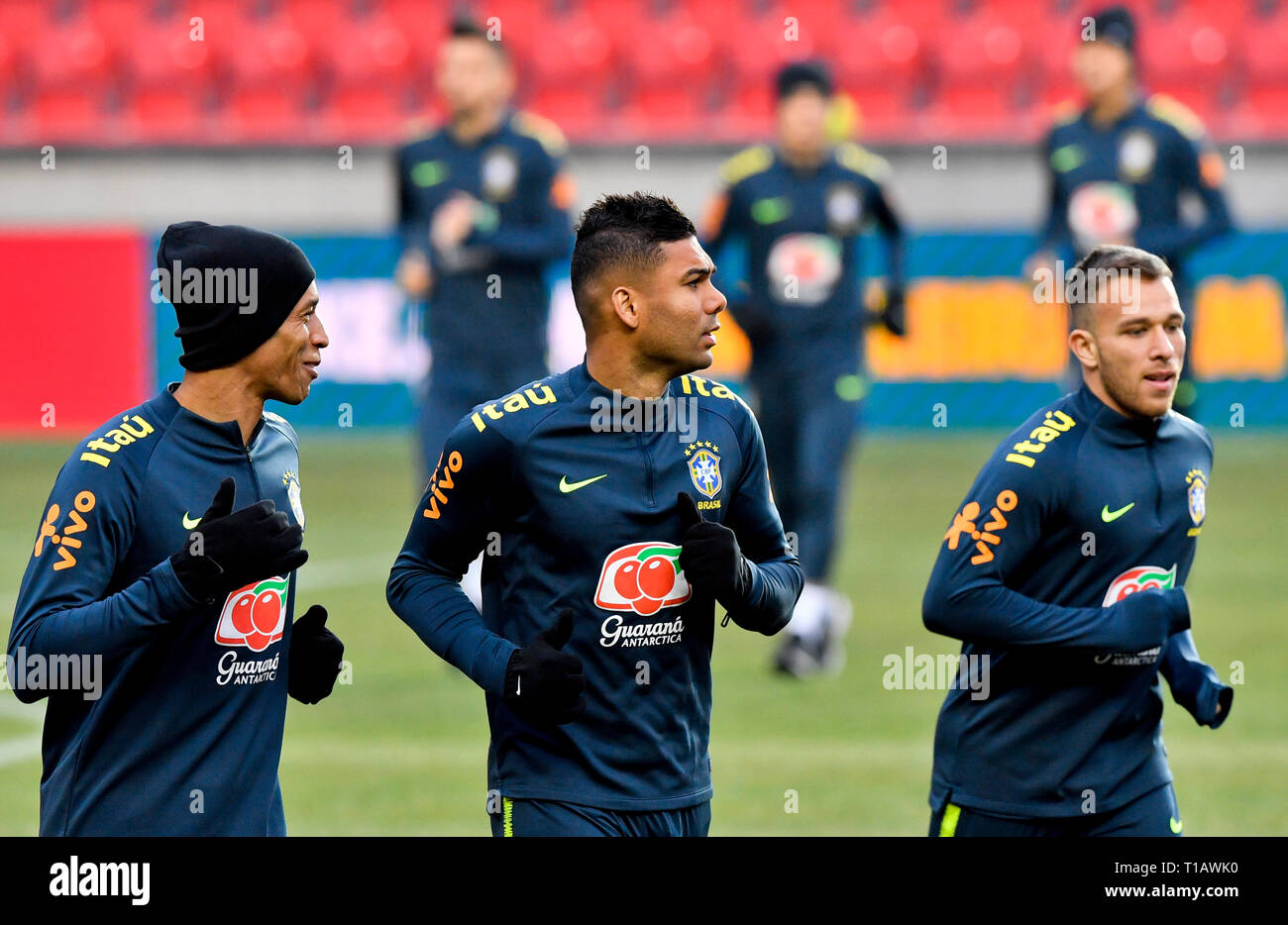 Brazilian football players L-R MIRANDA, CASEMIRO, ATRHUR in action ...