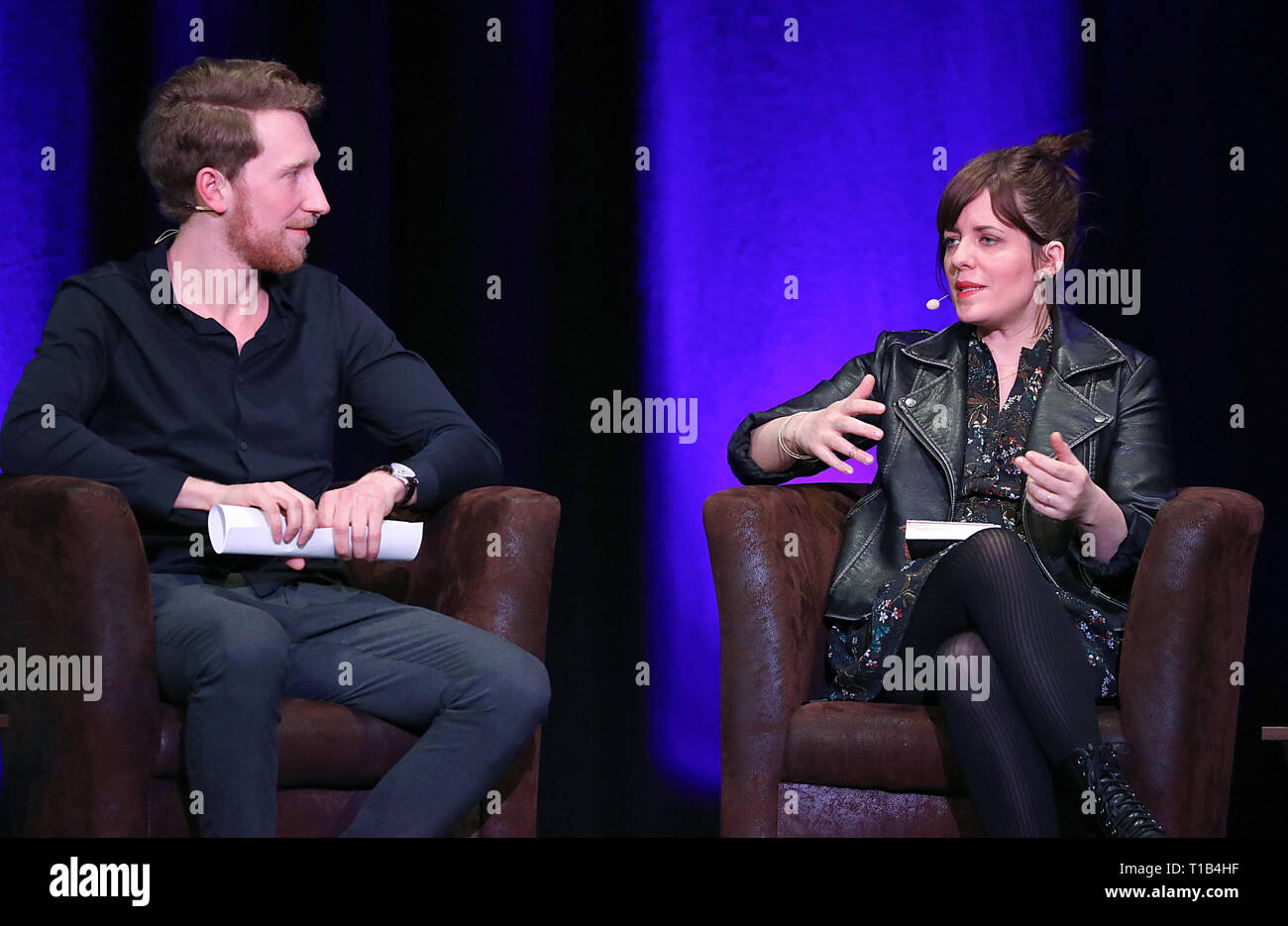 Cologne, Germany. 25th Mar 2019. Sarah Kuttner (r), TV presenter ...