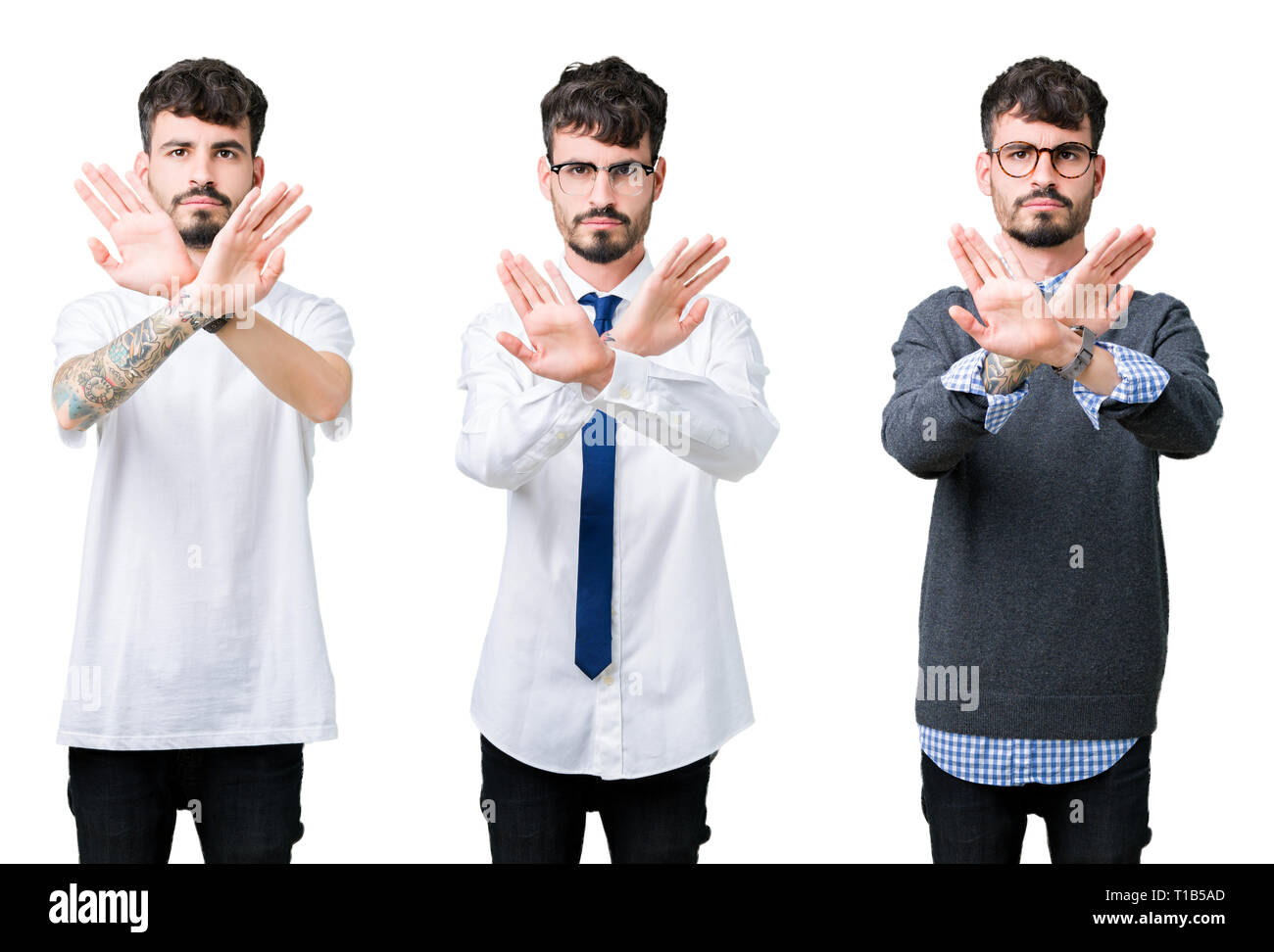 Collage of young man over isolated background Rejection expression ...