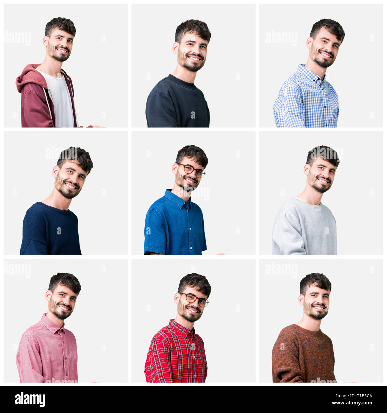 Collage of young man over isolated background Inviting to enter smiling ...