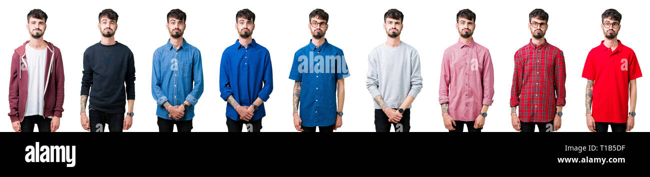 Collage of young man over isolated background puffing cheeks with funny ...